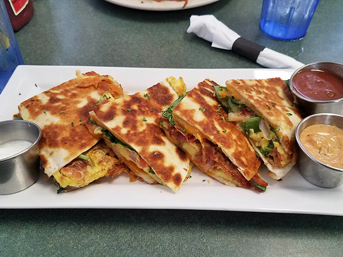 Quesadillas: not just for dinner anymore. These breakfast versions come with dipping sauces that'll make you rethink your morning routine.
