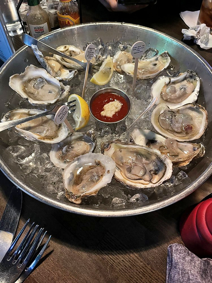These oysters glisten like jewels on a bed of ice, waiting to deliver that perfect briny kiss of the sea 200 miles from the nearest coastline.