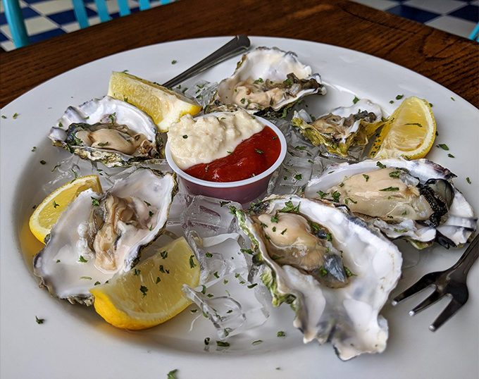 Raw oysters arranged like a briny clock face, each one a perfect little tide pool of ocean flavor waiting for just a squeeze of lemon and a moment of appreciation.