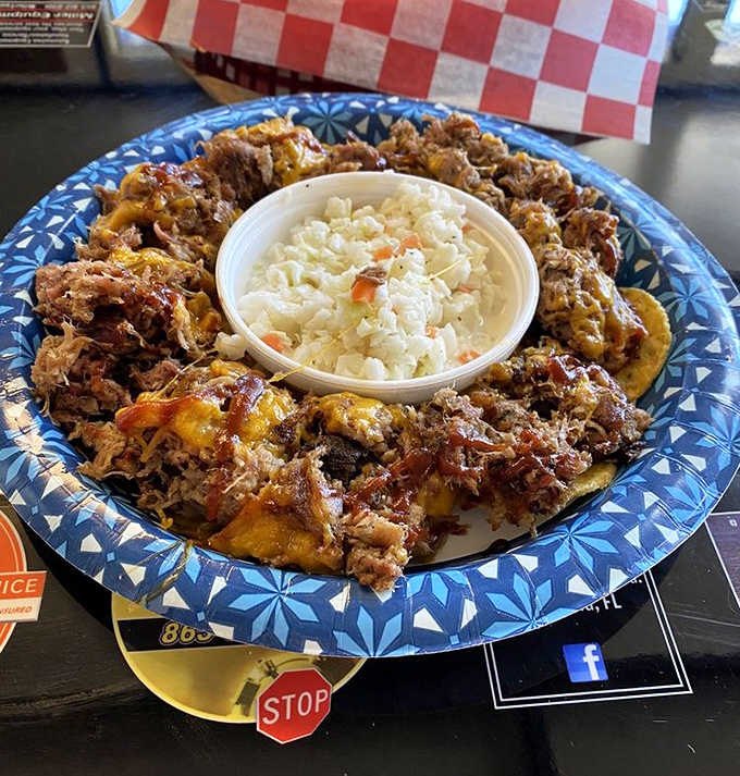 Redneck Nachos: where pulled pork meets tortilla chips in a beautiful relationship. The coleslaw center adds that perfect "I'm still eating vegetables" alibi.