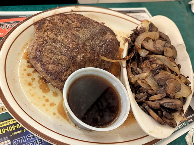 This ribeye steak with saut&eacute;ed mushrooms and au jus isn't just dinner&mdash;it's the reason elastic-waist pants were invented.