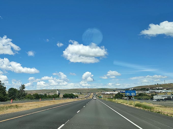 The road to Pendleton unfolds beneath endless blue skies, where puffy clouds float like thoughts above the golden Eastern Oregon landscape.