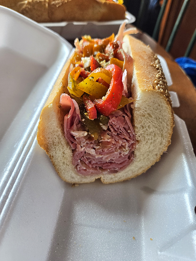 This isn't just a roast beef sandwich&mdash;it's a carnivore's dream, with tender meat piled high and colorful peppers adding a sweet-spicy symphony to each bite.