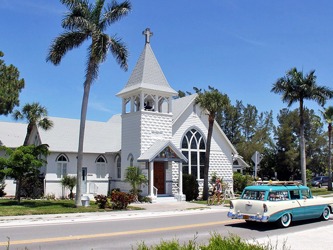 Roser Community Church stands like a white-washed postcard from the past, complete with vintage car for the full time-travel effect.