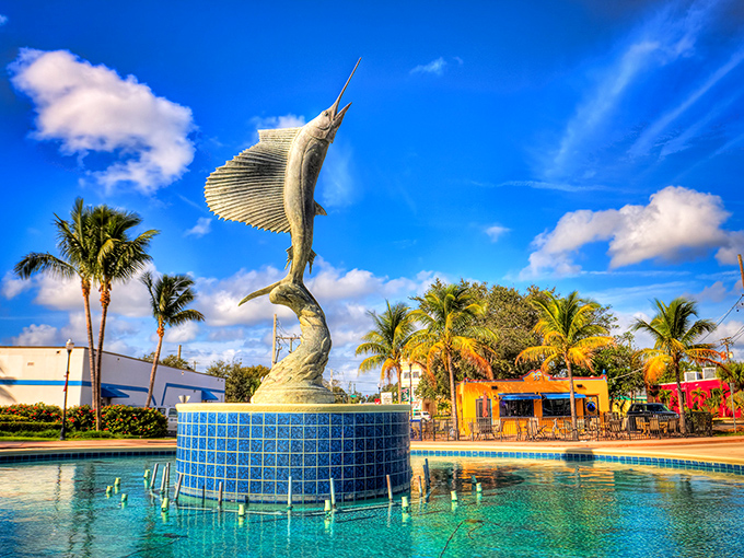 The sailfish monument leaps dramatically from its fountain, celebrating Stuart's reputation as the "Sailfish Capital of the World" in spectacular fashion.