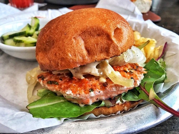 This salmon burger proves that sometimes the best things in life don't swim upstream—they land right on your plate.