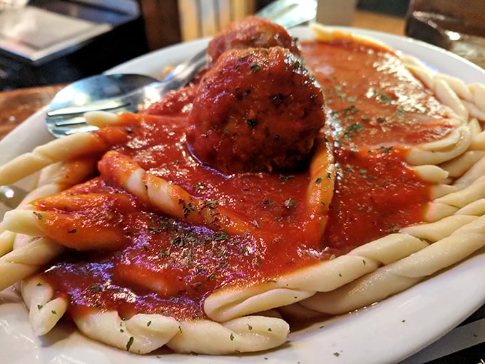 Pasta that doesn't need fancy plating to impress &ndash; just a perfectly formed meatball and sauce that speaks volumes about tradition.