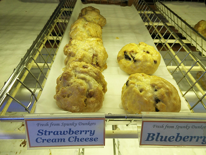 Strawberry cream cheese and blueberry scones waiting patiently behind glass, like contestants in a beauty pageant where everyone's a winner.