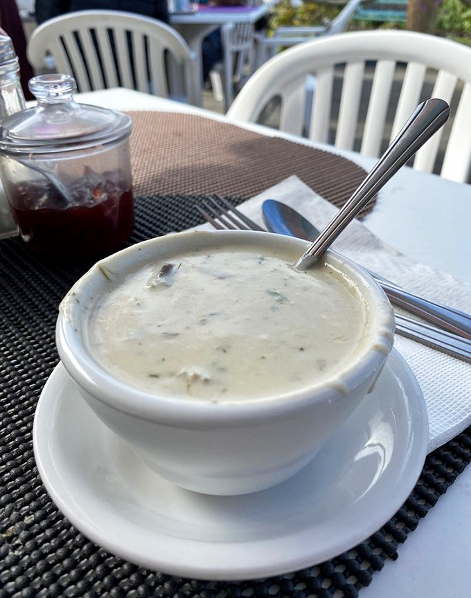 A simple white bowl holding liquid treasure – this seafood chowder is the kind of comfort that makes rainy coastal days something to look forward to.