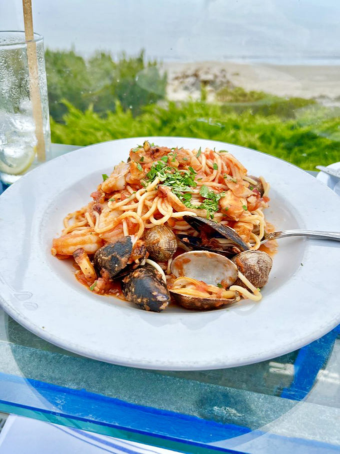 Seafood pasta with a view&mdash;because spaghetti tastes better when you can see where the ingredients came from.