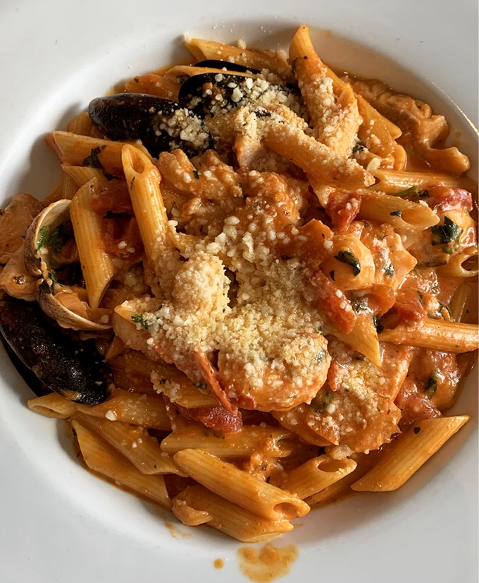 Seafood pasta that doesn't skimp on the stars&mdash;each bite delivers a perfect ratio of tender shellfish to al dente penne.