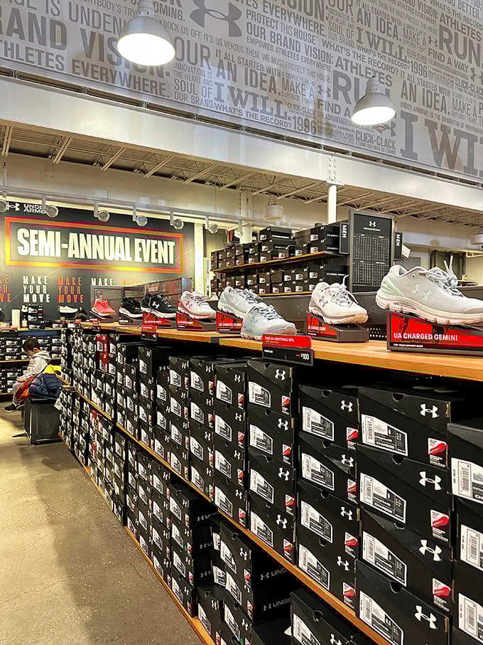 Under Armour's wall of athletic possibilities. Even if your marathon consists of mall-walking, these shoes promise to make you feel like an Olympian.