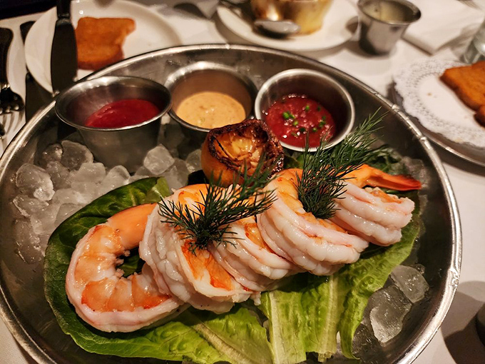 The shrimp cocktail at Bern's isn't just appetizer&mdash;it's aquatic jewelry, each plump crustacean resting on ice like treasures from Neptune's vault.