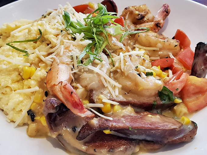 Shrimp and grits that would make a Charleston chef nod in approval. Creamy, cheesy goodness punctuated by plump shrimp and savory bacon&mdash;comfort food elevated to art form.