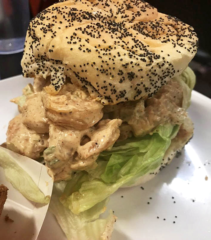 A proper Maryland shrimp salad sandwich requires both hands and a strategy. This one's stacked higher than Naval Academy expectations.