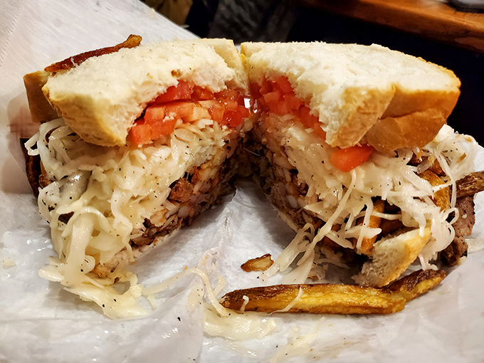 Steak sandwich that would make a vegetarian weep with temptation. The perfect balance of meat, fries, and tangy slaw.