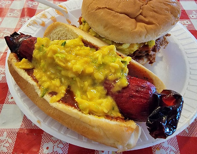 When a hot dog and barbecue have a beautiful love child&mdash;this smoked sausage sandwich topped with that signature mustard slaw is culinary poetry.