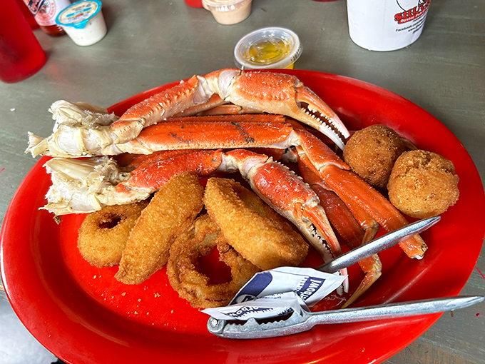 Snow crab legs that require both tools and strategy. The struggle is real, but like all worthwhile relationships, the reward justifies the effort.