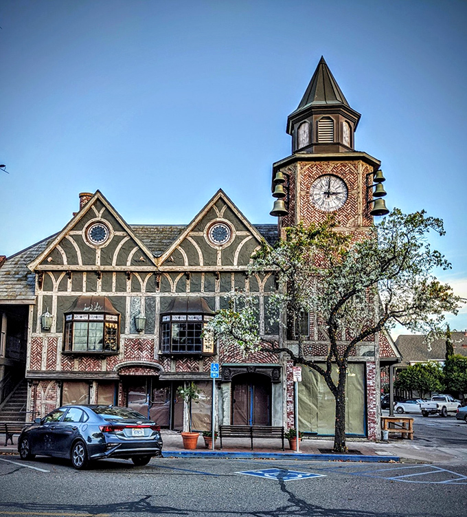 This clock tower wasn't shipped from Denmark—it was built with California hands and European dreams. Architectural whimsy at its finest.