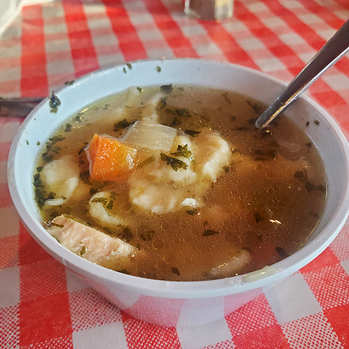 Homemade soup arrives steaming with vegetables floating like tiny life rafts in a sea of comfort.
