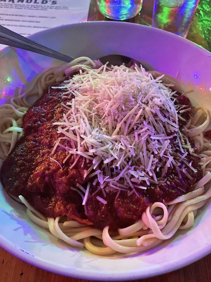 Spaghetti and meatballs with a mountain of cheese that would make an Italian grandmother weep with joy. Comfort food that hugs your soul.