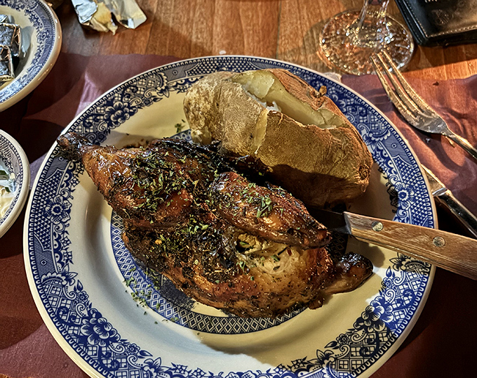 Spit-roasted chicken that's been turning heads since colonial times, golden-brown and ready to make your taste buds declare independence from ordinary meals.