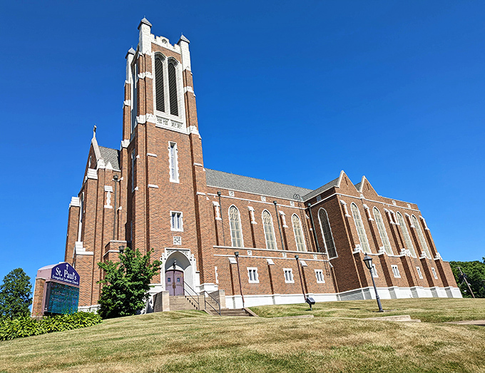 St. Paul's Lutheran Church reaches skyward with its impressive brick tower, a spiritual landmark that's been anchoring the community for generations.
