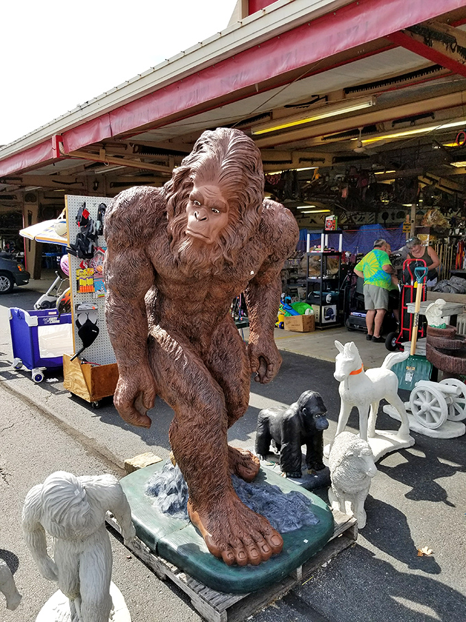 Bigfoot has been found! This towering sasquatch statue stands guard over an eclectic collection of garden ornaments, proving everything really is bigger at flea markets.