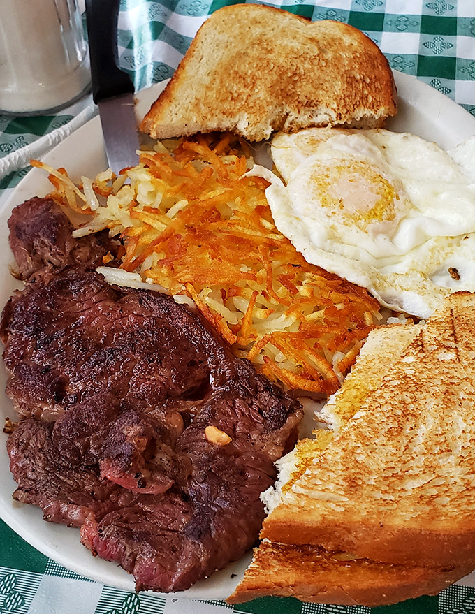 The steak and eggs plate that answers the eternal question: "Why choose between breakfast and dinner when you can have both?"