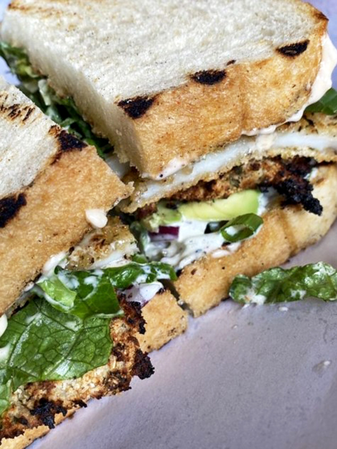 A study in perfect contrasts: the crisp-edged grilled sandwich reveals layers of flavor that would make a geologist jealous.