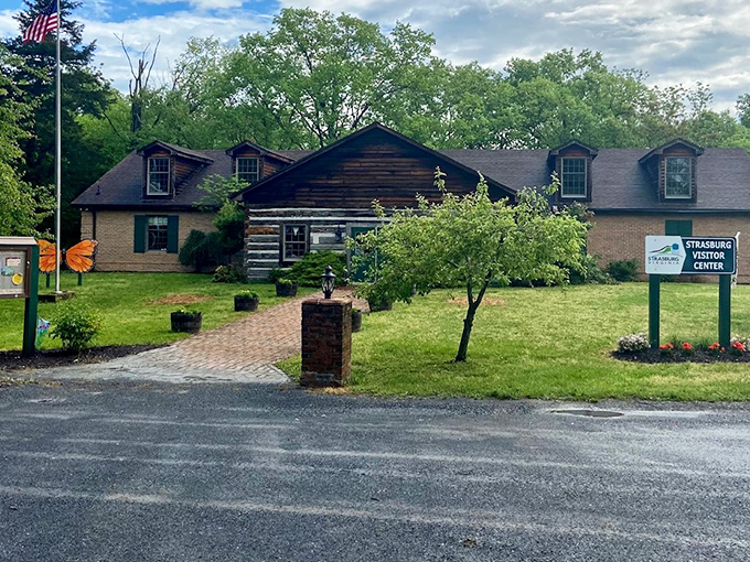 The Strasburg Visitor Center welcomes travelers with its charming log cabin section. First impressions matter, and this one says "authentic Virginia."