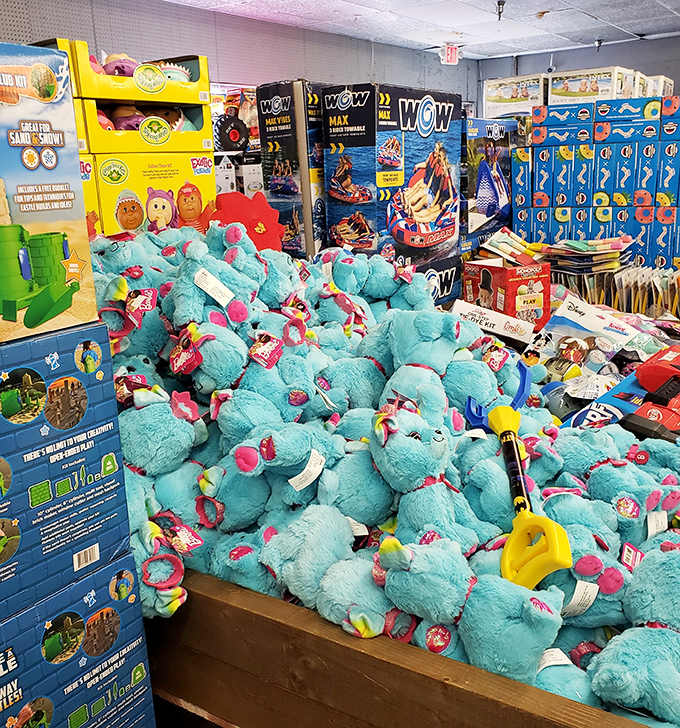 A mountain of plush toys that would make toy store owners question their life choices.