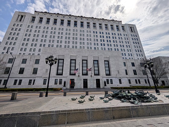 The Thomas J. Moyer Ohio Judicial Center provides a stately backdrop of marble and authority for its famous front yard conversation piece.