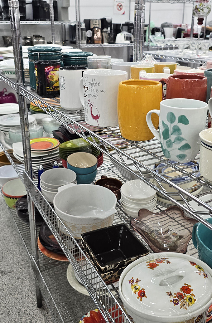Mugs that have poured thousands of morning coffees stand ready for new kitchens. That floral-patterned dish might have served holiday meals since the '70s.