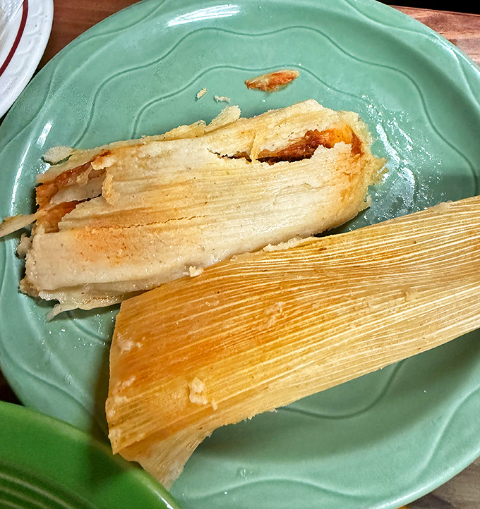 Handmade tamales – little presents wrapped in corn husks. Unwrap to discover seasoned masa hiding savory treasures within. Simple perfection.