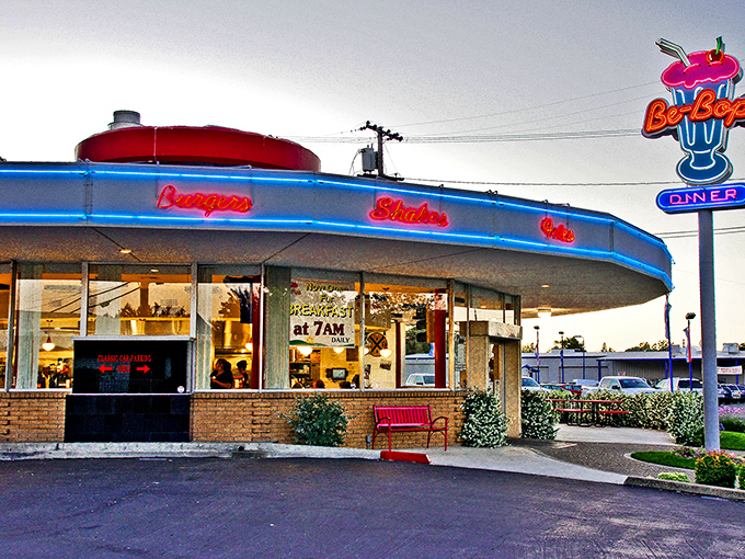 Be-Bops Diner's neon glow and classic mid-century design promises the kind of milkshakes that make you wonder why we ever moved beyond the 1950s diner experience.