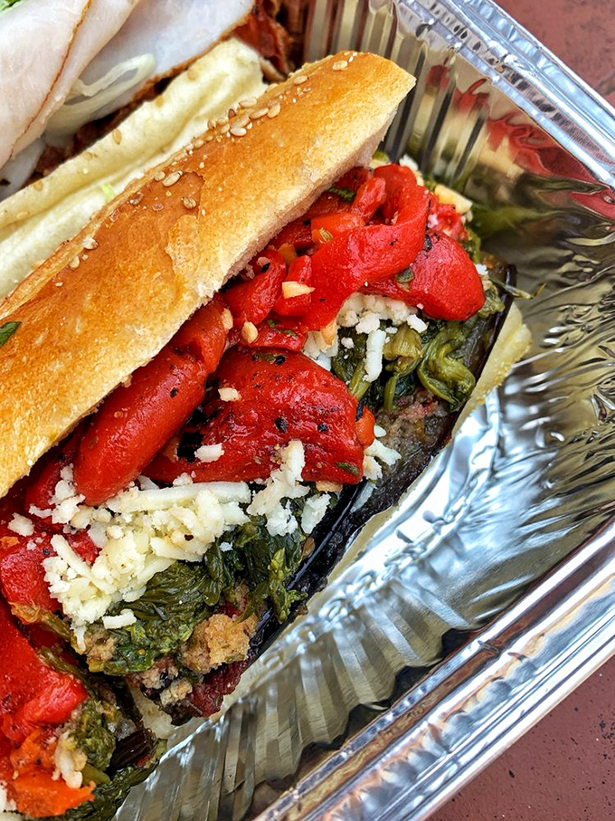 Roasted red peppers, greens, and what appears to be broccoli rabe&mdash;proof that Italians knew plant-based eating was delicious long before it was trendy.