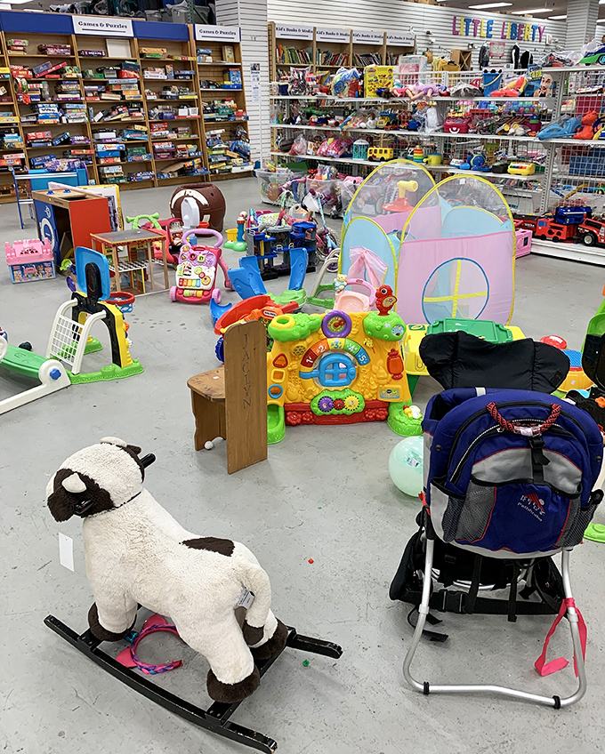 A wonderland of gently-loved toys where that rocking horse and play tent cost less than a fancy coffee, bringing joy to another generation of little ones.
