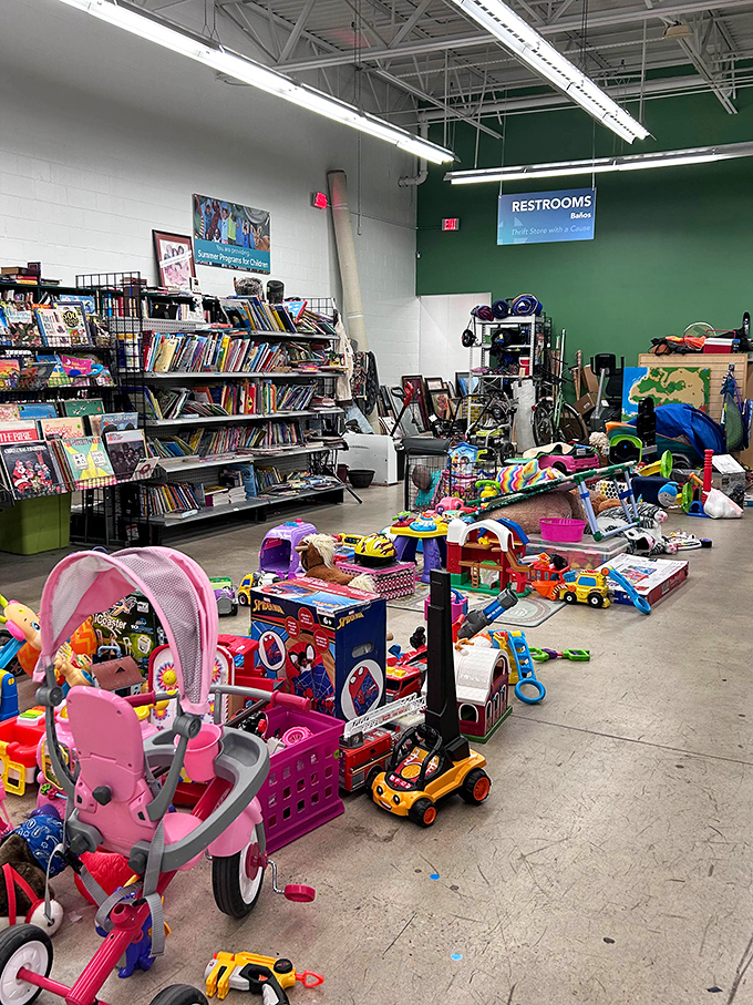 A colorful explosion of childhood joy—the toy section offers everything from ride-ons to board games, where budget-conscious parents find yesterday's favorites.