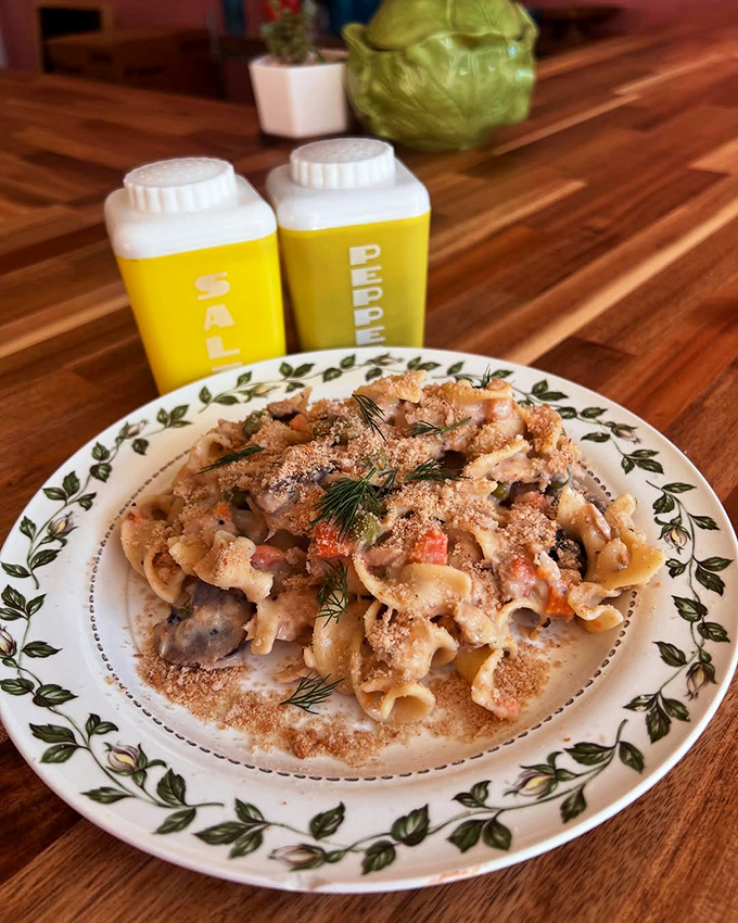 Not your college dorm noodle dish&mdash;this creamy pasta creation with fresh dill sprinkled on top elevates comfort food to art form.