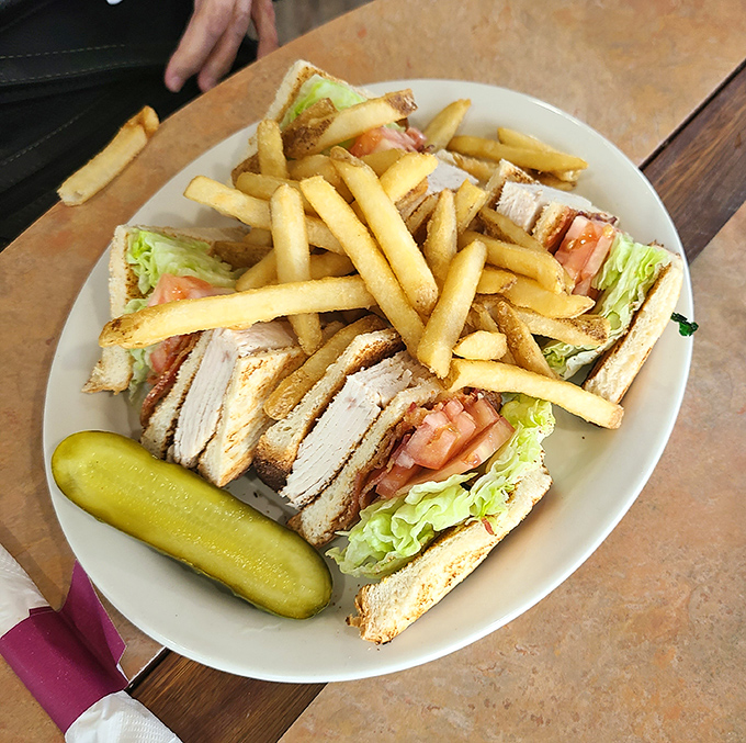 A club sandwich that's stacked higher than your weekend to-do list, with crispy fries standing guard like delicious sentinels.