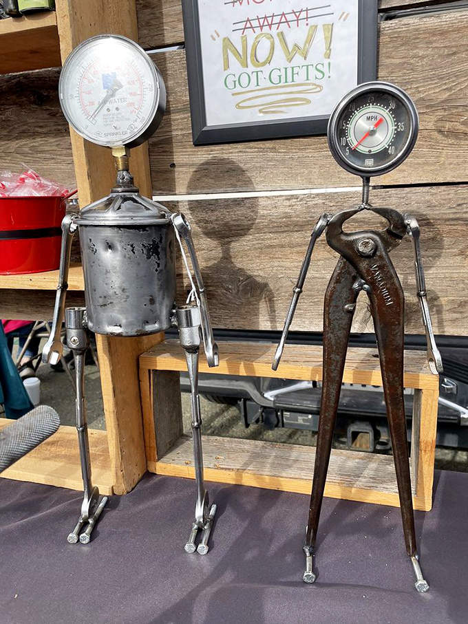 Found object sculptures with personality to spare. These metal characters look like they might start dancing when the market closes.