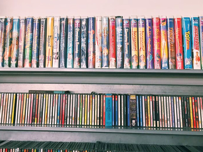 The media section: where VHS tapes and CDs remind us that entertainment wasn't always available at the touch of a streaming button.