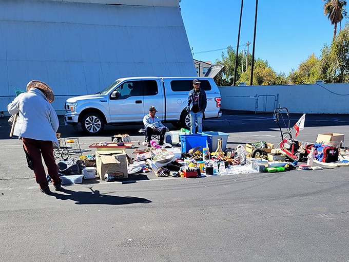 The daytime swap meet transforms the drive-in grounds, where treasure hunters browse everything from household items to unexpected finds.