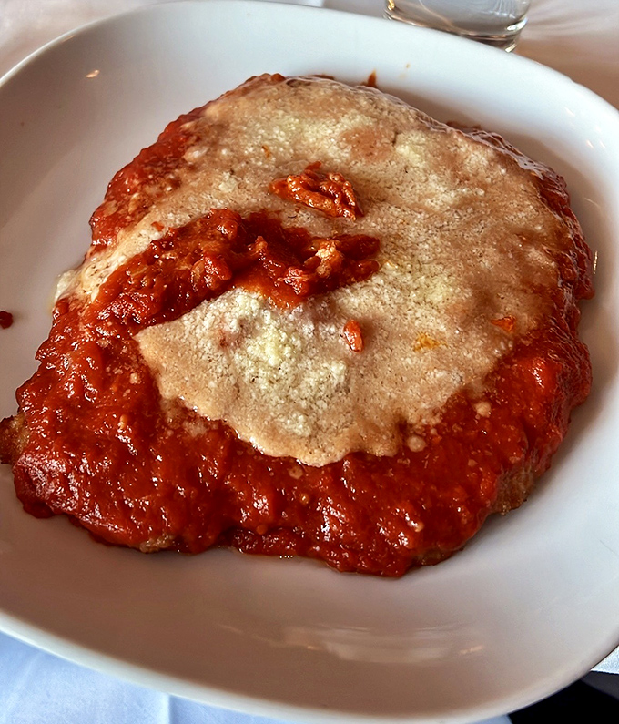 Not your mama's TV dinner! This veal parmigiano has the kind of sauce-to-cheese ratio that mathematicians would call "the golden equation."