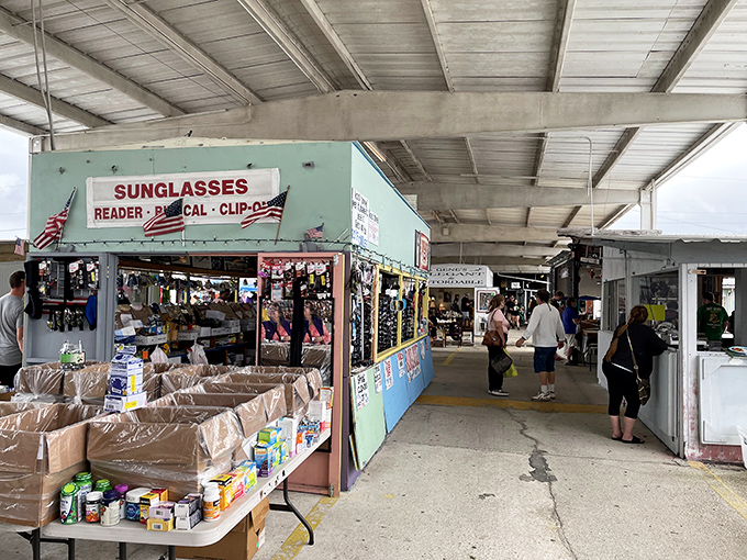 Sunglasses and sundries await beneath the metal roof. In Florida, proper eye protection isn't just fashion&mdash;it's practically mandatory equipment.