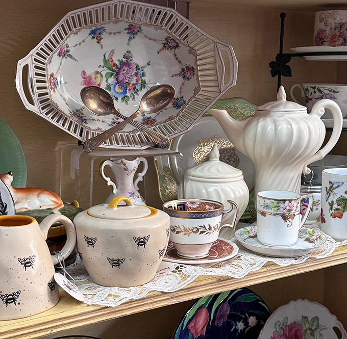 A tea party frozen in time&mdash;bee-patterned pottery, delicate floral teacups, and porcelain serving pieces await their next gathering of gossip and finger sandwiches.