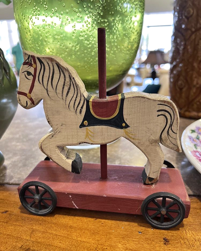 This vintage wooden carousel horse isn't just a toy&mdash;it's a time machine to childhoods past, no quarters required.