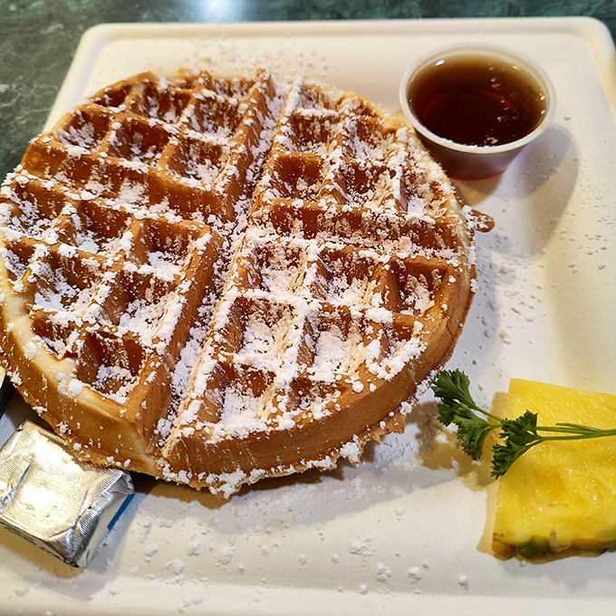 A waffle that understands the importance of textural contrast—crispy exterior, fluffy interior, and a dusting of powdered sugar that falls like delicious snow.