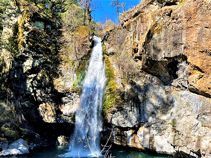Desert-dry California showing off its secret water wealth. The contrast between parched cliffs and flowing water is pure drama.